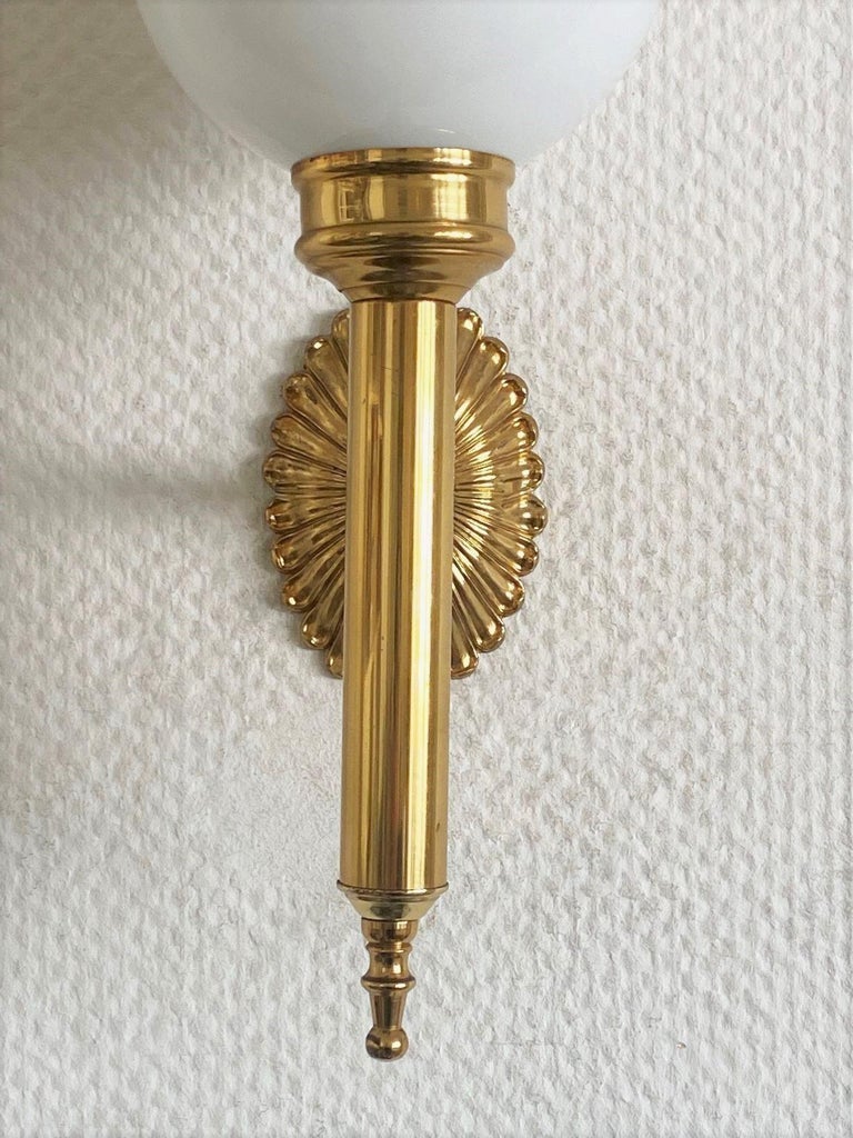 Set of Three French Art Deco Brass Opaline Glass Brass Torchiere Wall ...