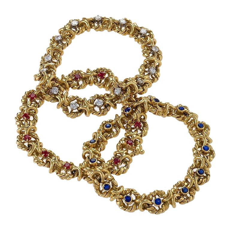 Van Cleef and Arpels Set of Three Ruby, Sapphire, and Diamond Bracelets ...