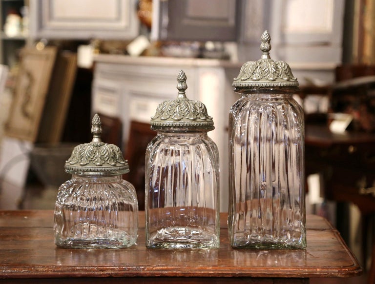 Set of Three Italian Glass Ginger Jars with Carved Silver Paint Lids at ...
