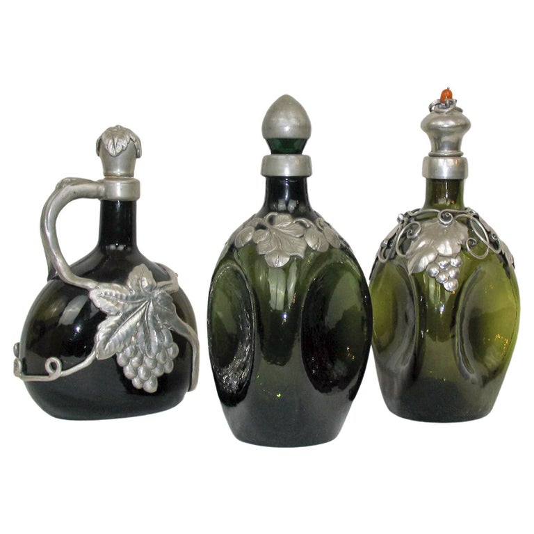 Set of Three Jugendstil Danish Glass and Pewter Decanters at 1stDibs