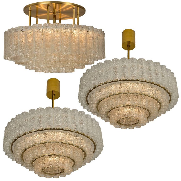 Set of Three Large Glass Brass Light Fixtures by Doria, Germany, 1969 ...