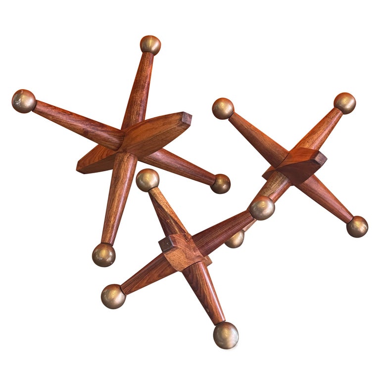 Set of Three Large Wood and Brass Atomic Jacks / Jax at 1stDibs