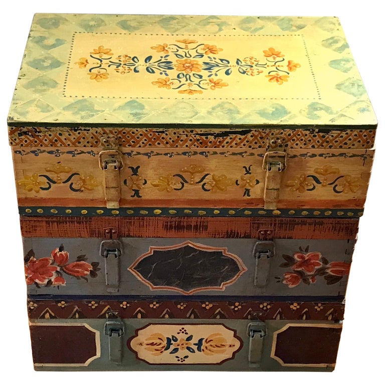 Set of Three Late 19th Century Hand Painted Folk Art Blanket Chests at ...
