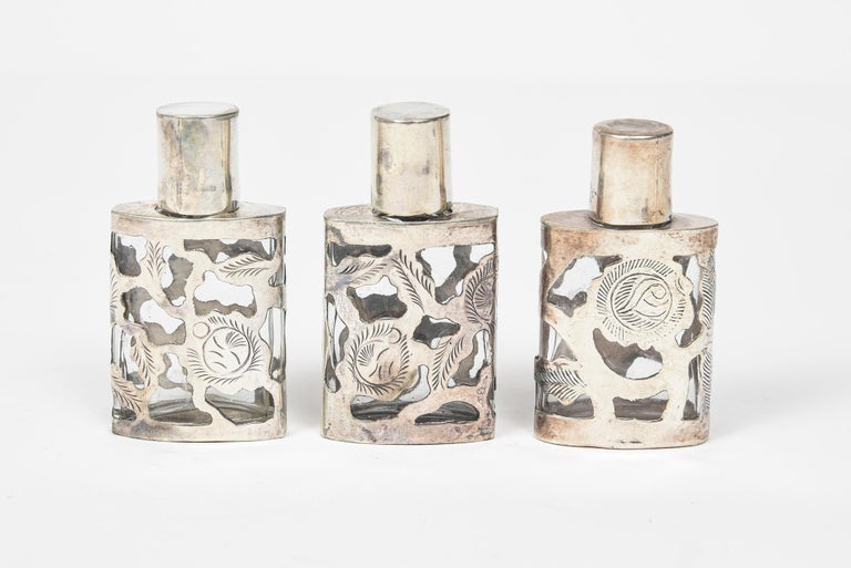 Set of Three Mexican Floral Sterling Silver Overlay Perfume Bottles ...