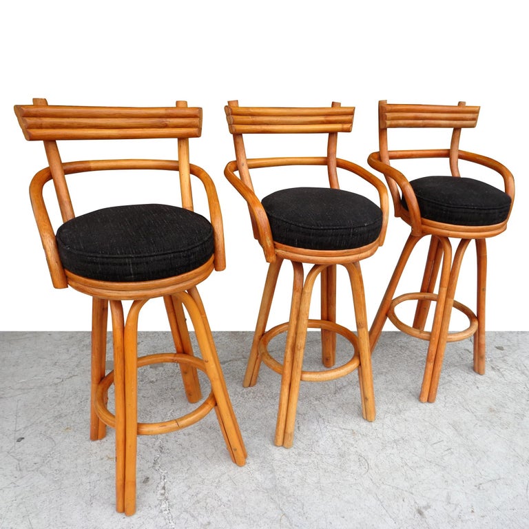 Set of Three Mid Century Paul Frankl Bamboo Bar Stools For Sale at 1stDibs