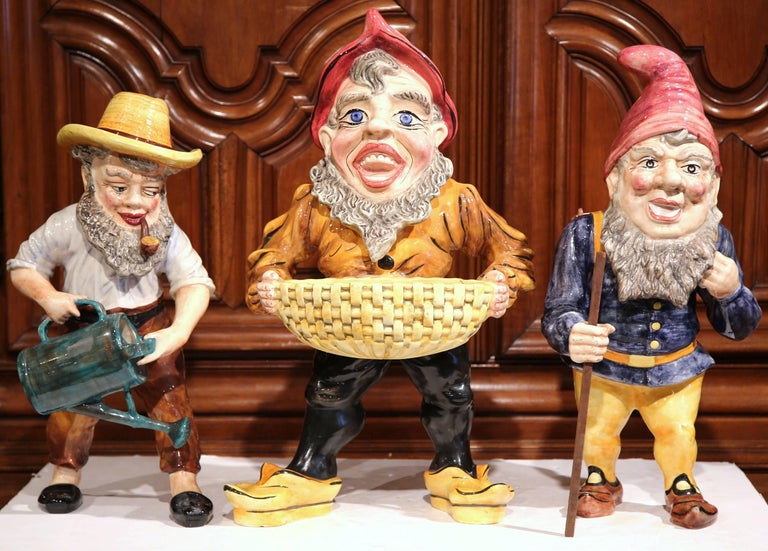 Set of Three Midcentury French Hand Painted Barbotine Ceramic Gnomes ...