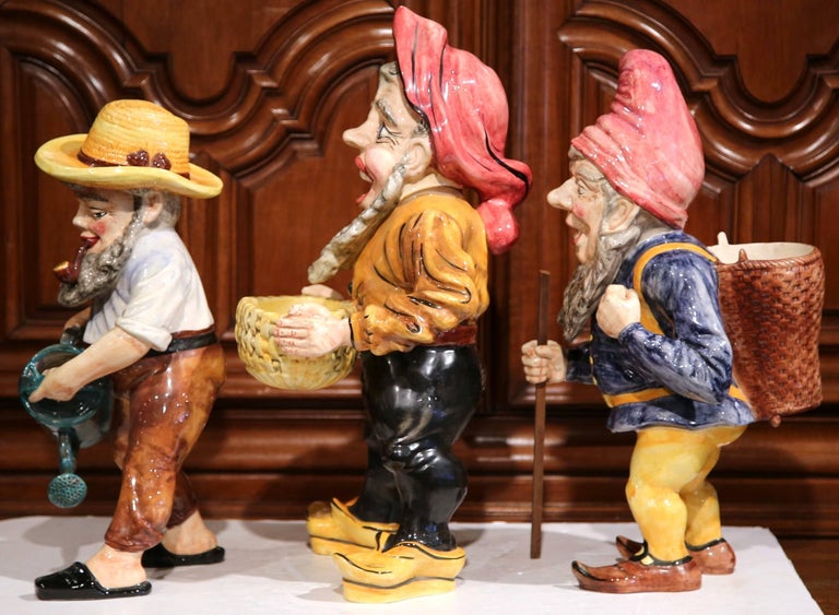 Set of Three Midcentury French Hand Painted Barbotine Ceramic Gnomes ...