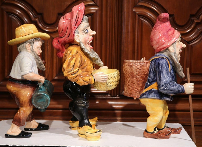 Set of Three Midcentury French Hand Painted Barbotine Ceramic Gnomes ...