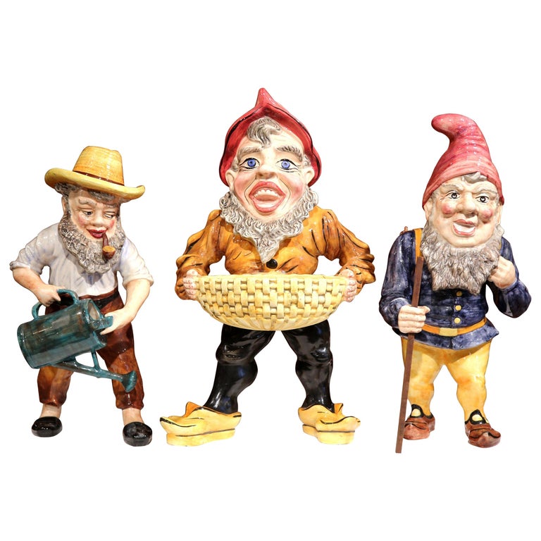 Set of Three Midcentury French Hand Painted Barbotine Ceramic Gnomes ...