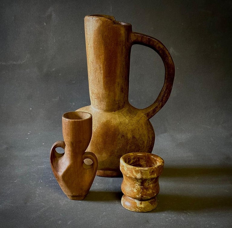 Set of Three Midcentury Hand Carved Wooden Vases For Sale at 1stDibs