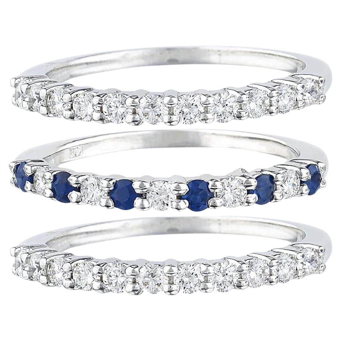 Set of Three Natural Blue Sapphires and Diamonds Half Eternity Band Rings 14K For Sale at 1stDibs