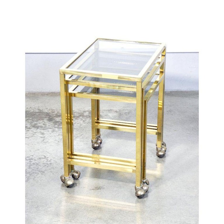 Set of Three Nesting Tables in Brass and Glass For Sale at 1stDibs