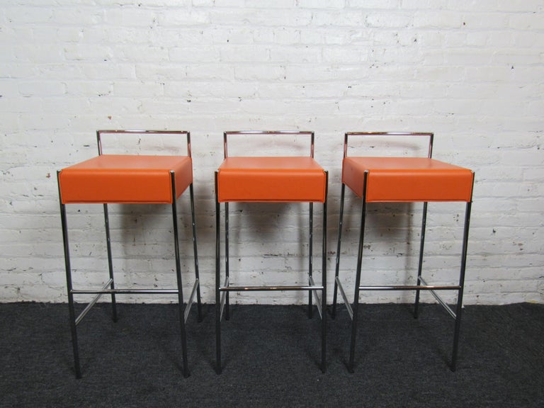 Set of Three Orange Mid-Century Modern Stools For Sale at 1stDibs