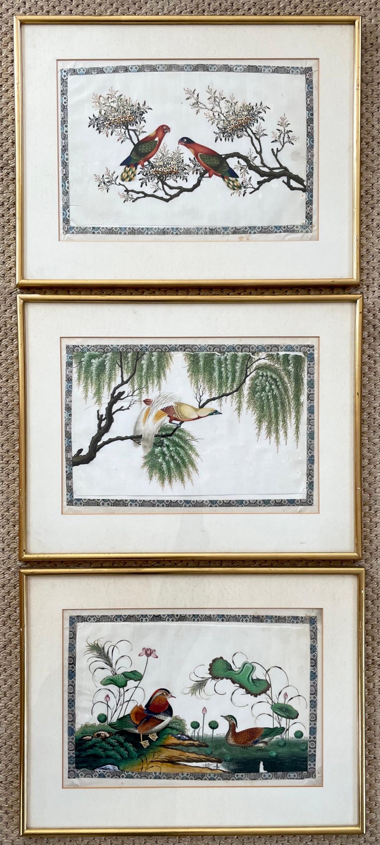 Set of Three Painted Silk Bird Paintings For Sale at 1stDibs