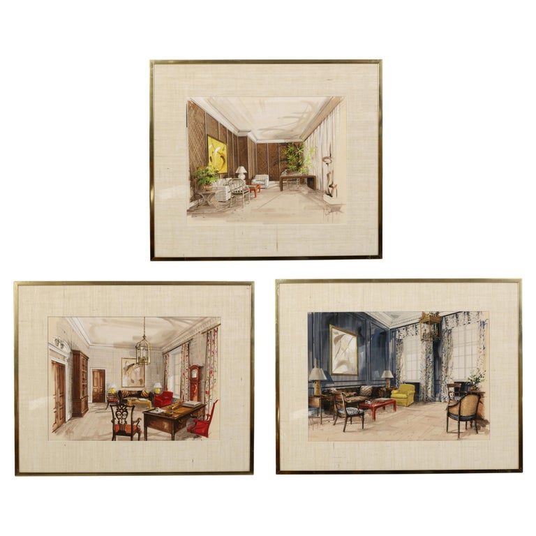 Set of Three Parish-Hadley Original Watercolor Room Renderings, C. 1980 ...