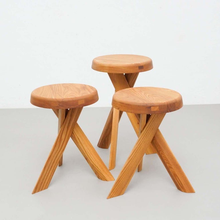 Set of Three Pierre Chapo Solid Elmwood Stools S31A and S31B: Timeless ...