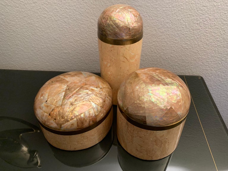 Set of Three Pink Coral and Abalone Shell Jewelry Boxes at 1stDibs ...