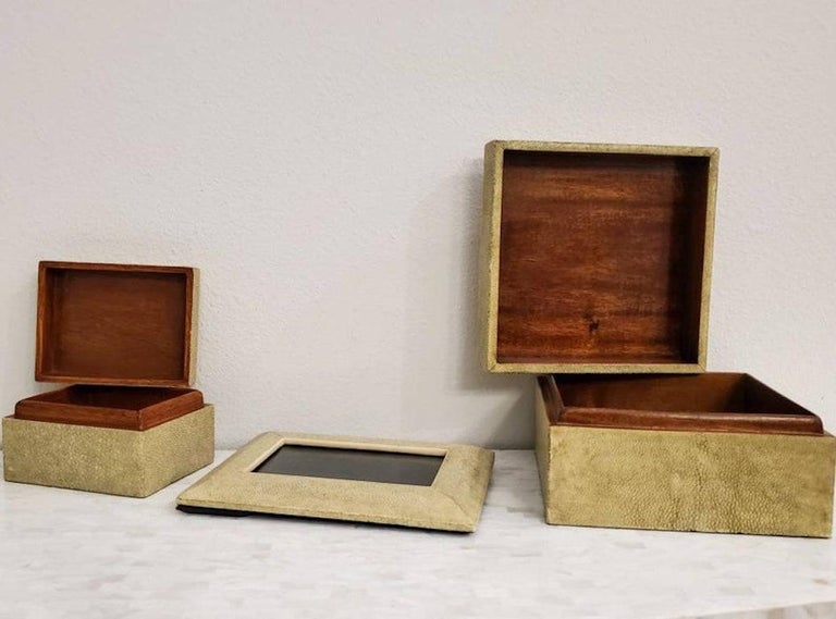 Set of Three R and Y Augousti Paris Shagreen Covered Table Set For Sale ...