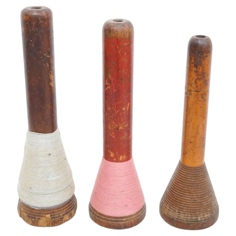 Set of Three Rustic Wooden Spools of Thread, circa 1930 For Sale at 1stDibs