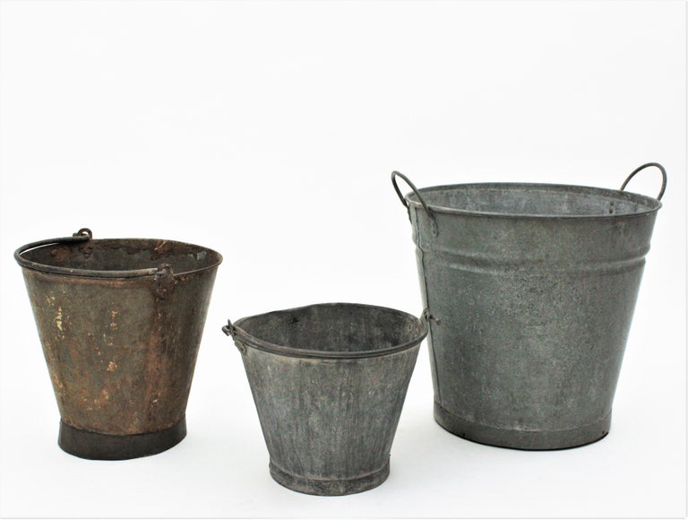 Set of Three Rustic Zinc Water Buckets For Sale at 1stDibs