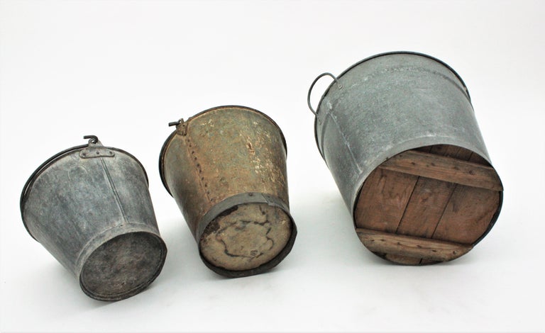 Set of Three Rustic Zinc Water Buckets For Sale at 1stDibs