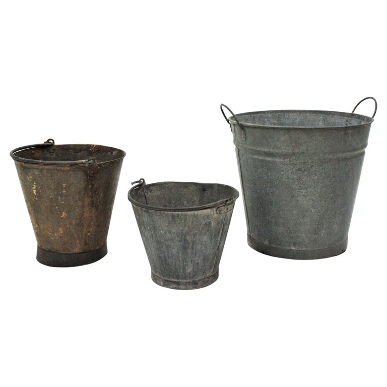 Set of Three Rustic Zinc Water Buckets For Sale at 1stDibs