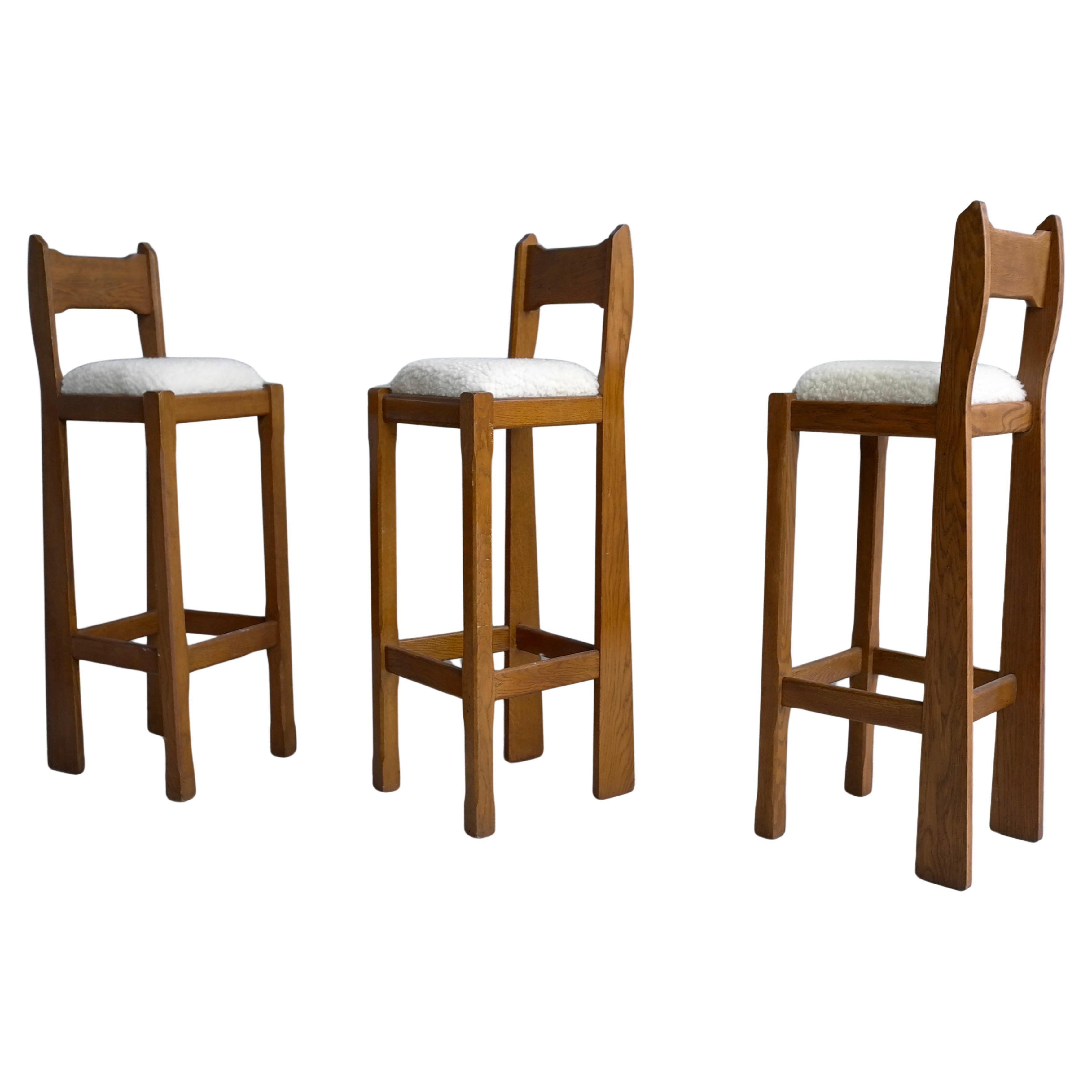 Set of Three Sculptural solid Oak Bar Stools with Merino Wool seats ...