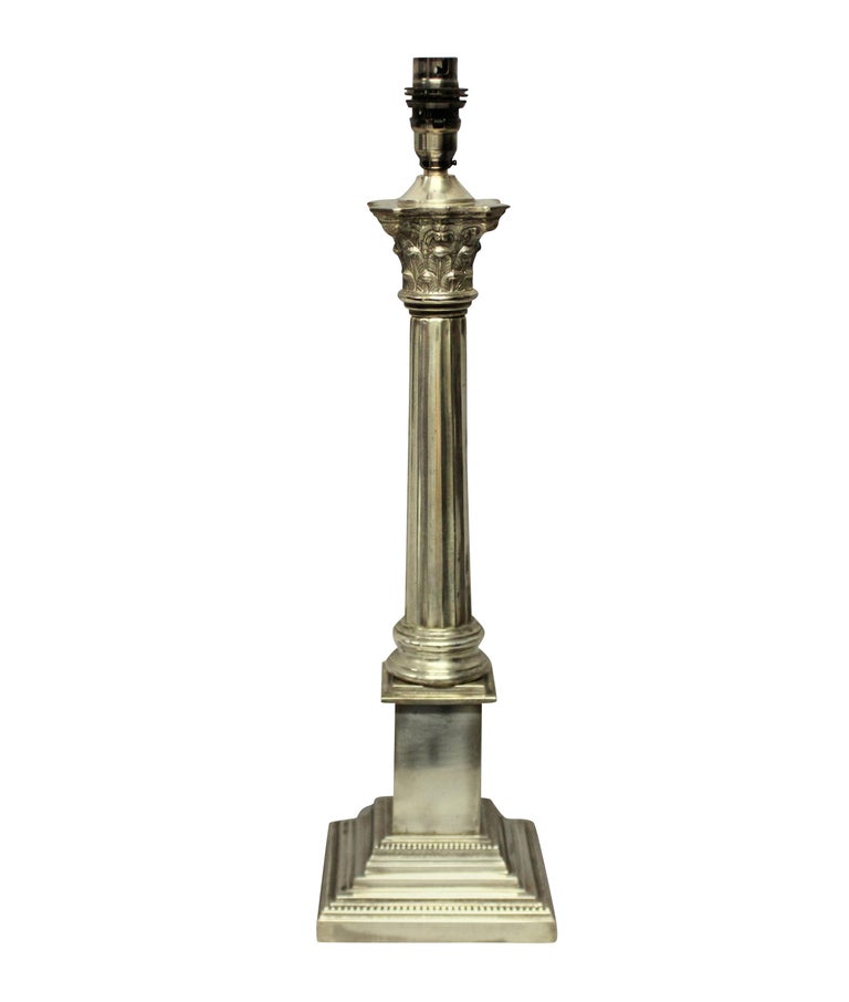 Set of Three Silver Plated Corinthian Column Lamps For Sale at 1stDibs