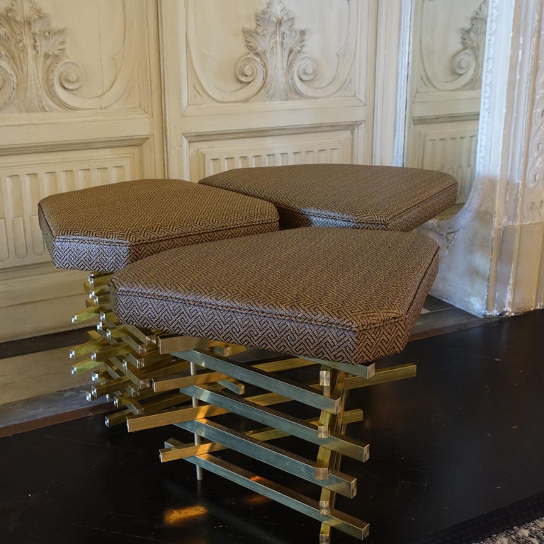 Set of Three Stools in Natural Brass and Brown Jacquard Rafia Fabric ...