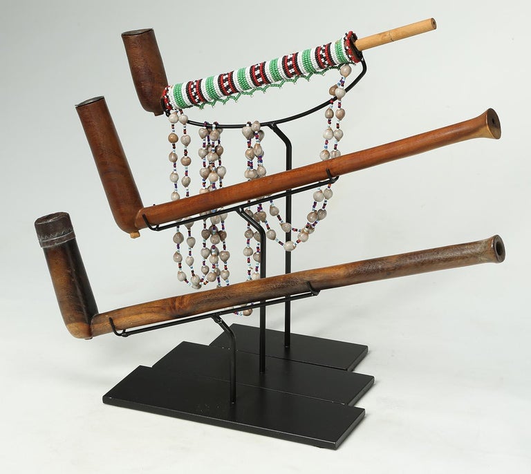 Set of Three Tribal Zulu Wood Pipes on Stands, South Africa at 1stDibs