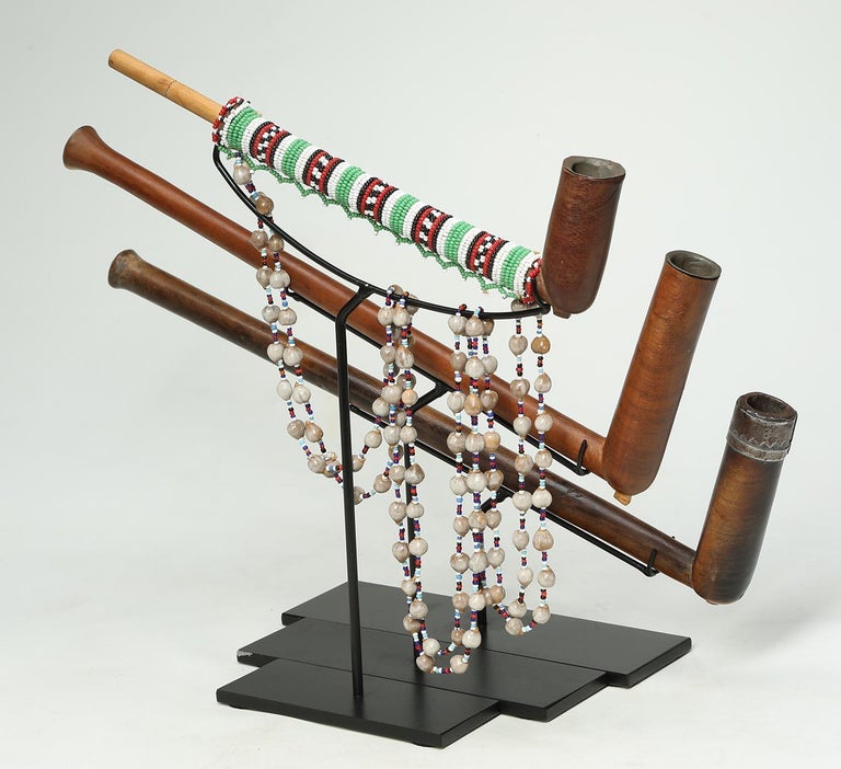 Set of Three Tribal Zulu Wood Pipes on Stands, South Africa at 1stDibs