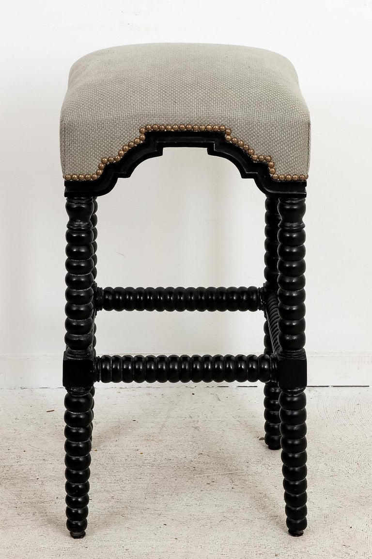 Set of Three Upholstered Bobbin Bar Stools at 1stDibs