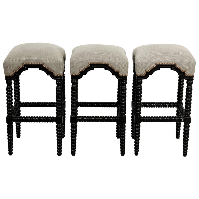 Set of Three Upholstered Bobbin Bar Stools at 1stDibs