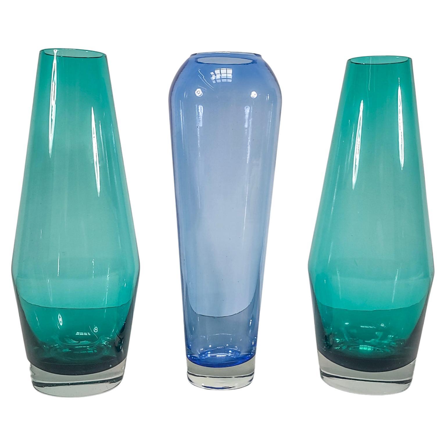 Set Of Three Vintage Colored Glass Vases 80s For Sale At 1stdibs
