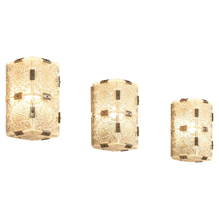 Set of Three Wall Lights with Structured Glass For Sale at 1stDibs