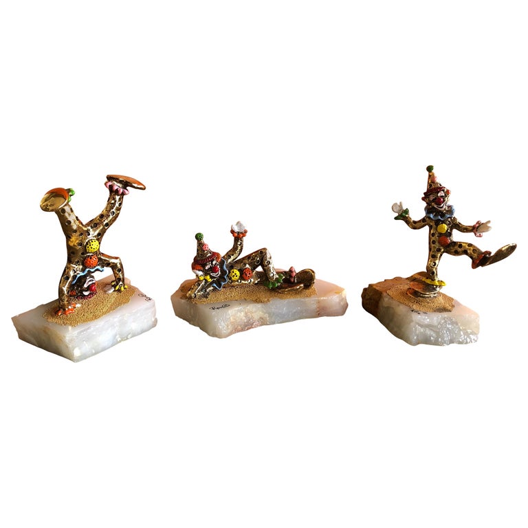 Set of Three Whimsical Bronze Clown Sculptures with Enamel Highlights ...