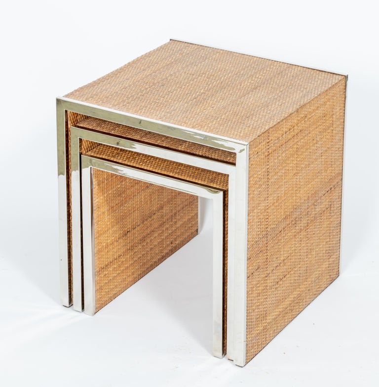 Set of Three Woven Rattan Nesting Tables with Chrome Detail For Sale at ...