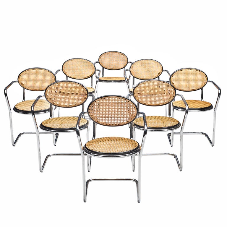 Set of Tubular and Cane Dining Chairs with Floating Seat, 1970s at 1stDibs