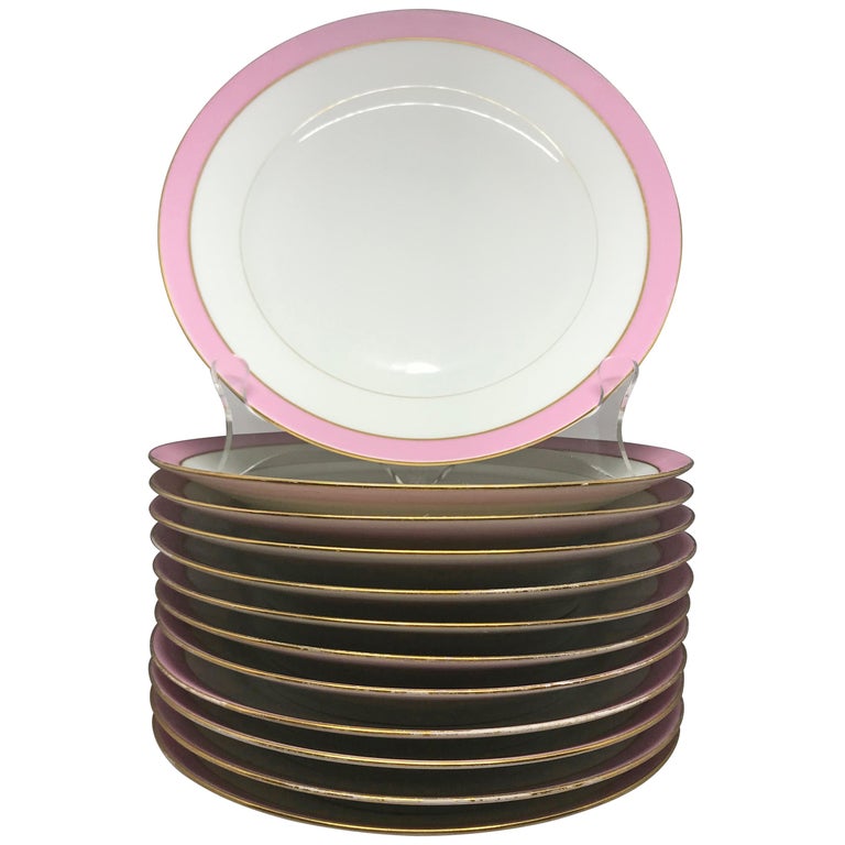 Set of Twelve French Pink and Gilt Banded Plates at 1stDibs