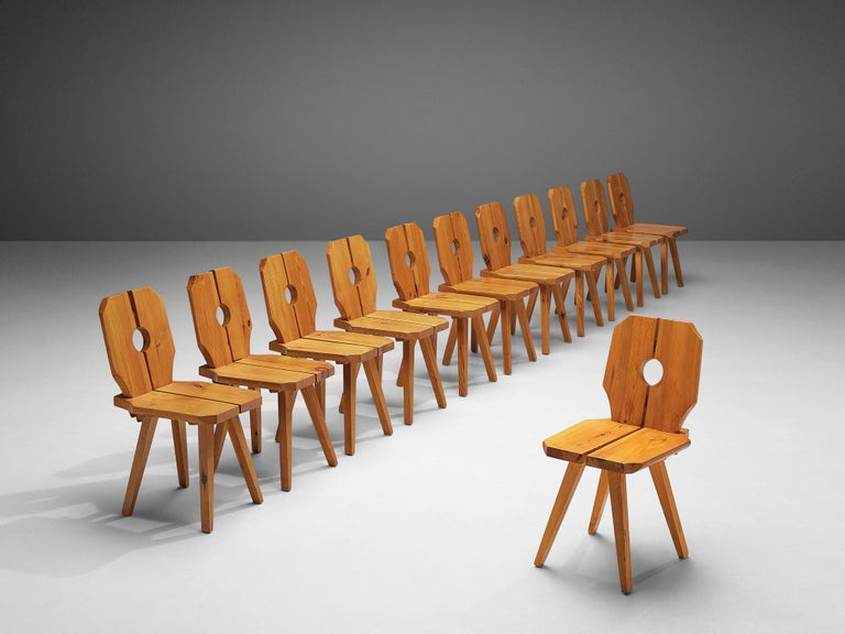 Set of Twelve Sculpted Dining Chairs in Solid Pine For Sale at 1stDibs