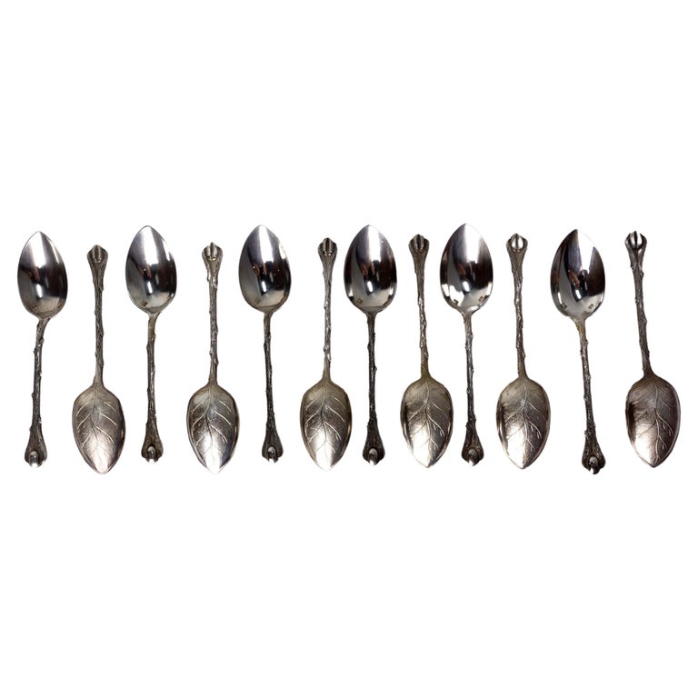 Set of Twelve Silver Metal Coffee Spoons Tree-Leaf-Shaped, France, Mid ...