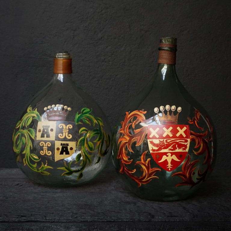 Set of Two 19th Century Large Handblown Demijohns with Painted Coat of ...