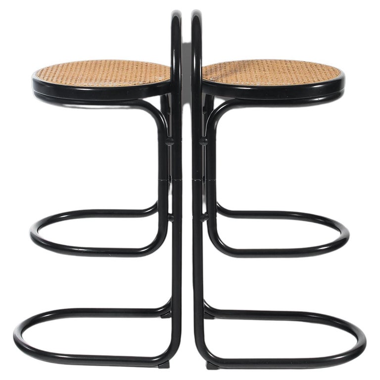 Set of Two '2' Cane and Ebonized Metal Bar Stools After Thonet, USA ...