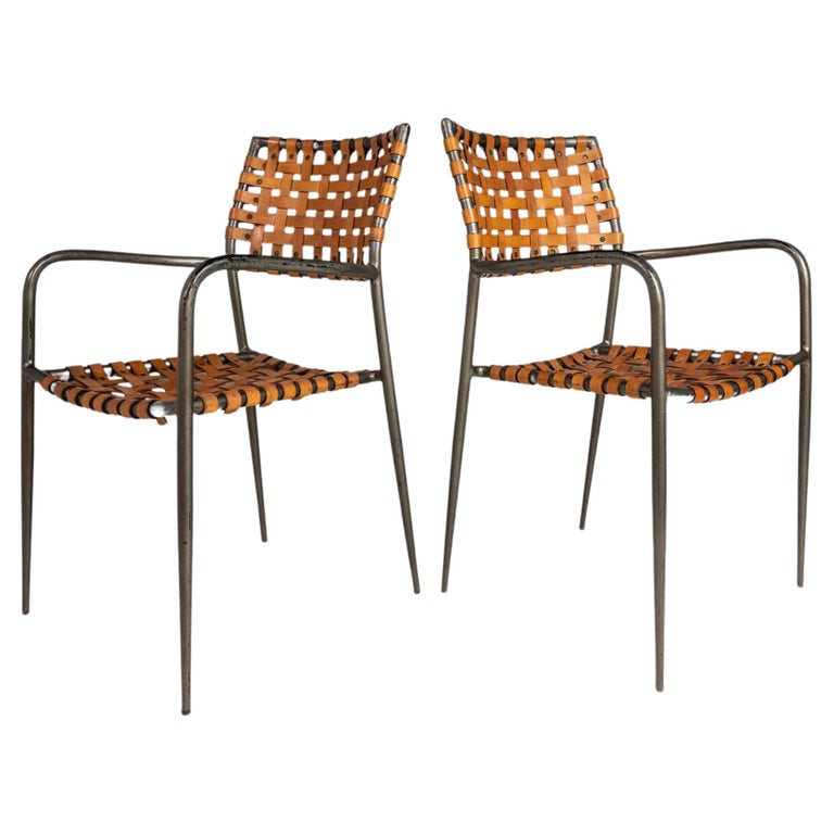 Set of Two '2' Italian Patinaed Metal and Leather Strap Armchairs, c ...