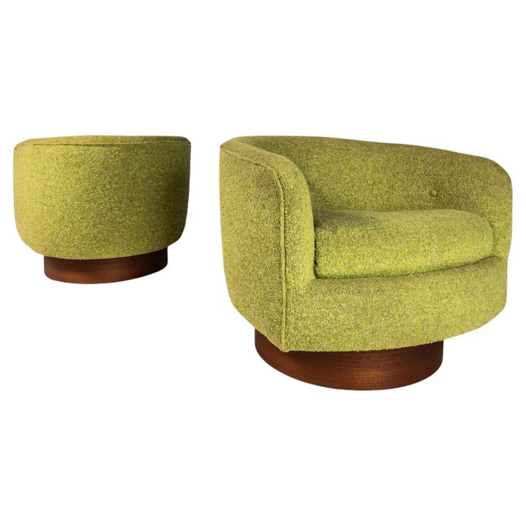 Set of Two '2' Swivel Barrel Chairs in Original Green Tweed Attributed ...