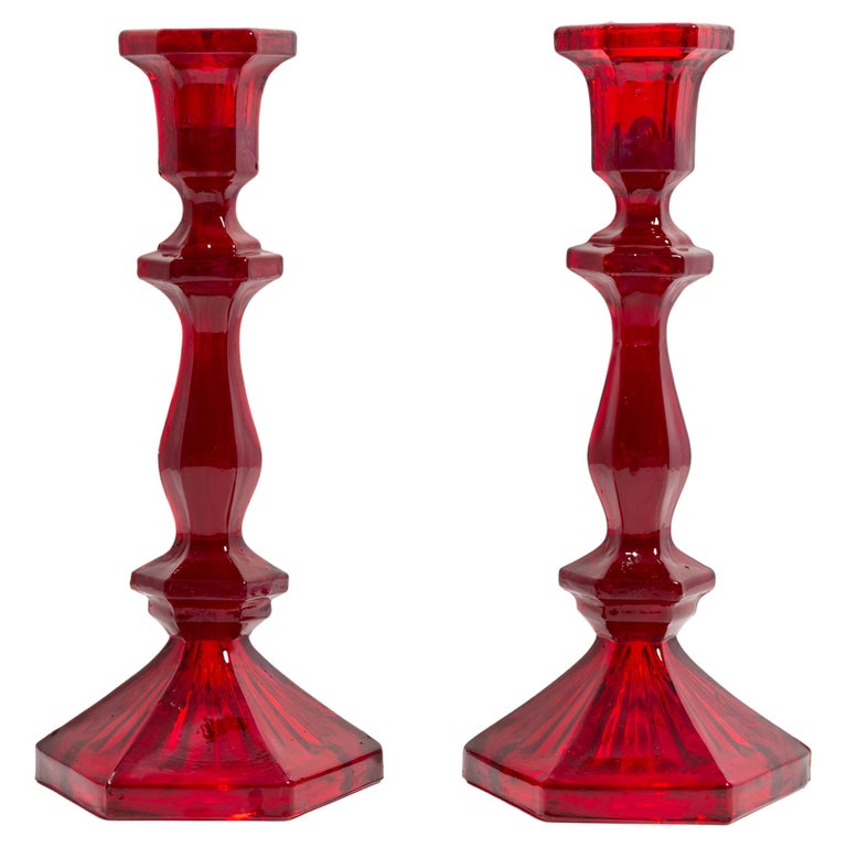 Set of Two 20th Century Red Glass Candlesticks, 1960s at 1stDibs