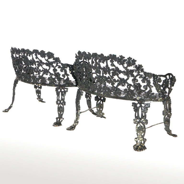 Set of Two Antique Cast Iron Grape and Leaf Garden Benches, Painted ...