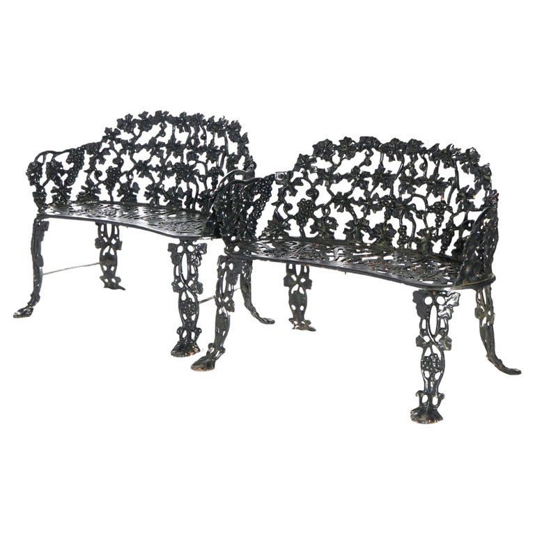 Set of Two Antique Cast Iron Grape and Leaf Garden Benches, Painted ...
