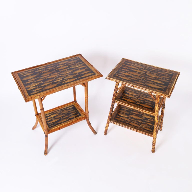 Set of Two Antique English Bamboo Tables or Stands with Fish Decoupage ...