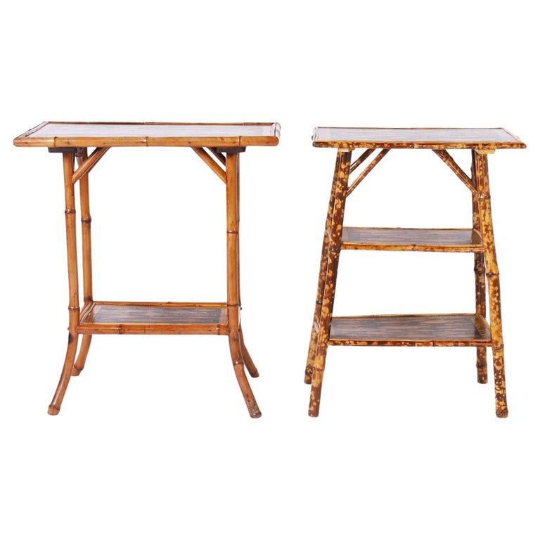 Set of Two Antique English Bamboo Tables or Stands with Fish Decoupage ...